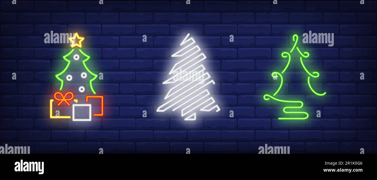 Stylized Christmas fir-trees neon signs set Stock Vector Image & Art ...