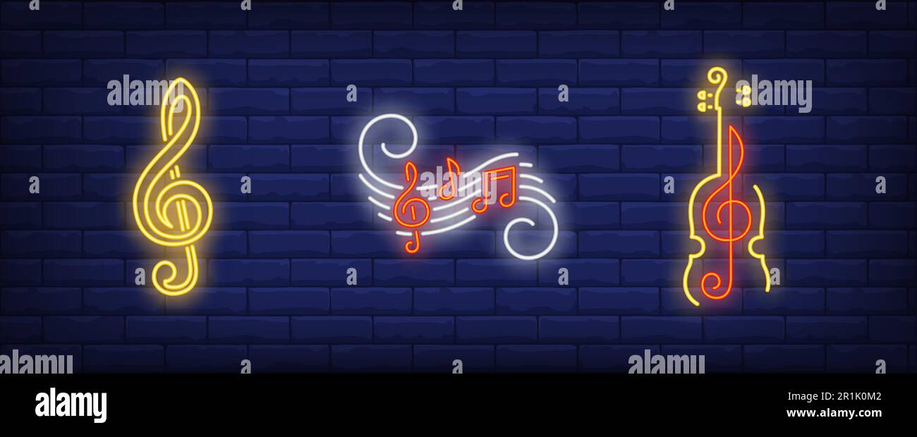 Music notes, treble clef and violin silhouette neon signs set Stock ...