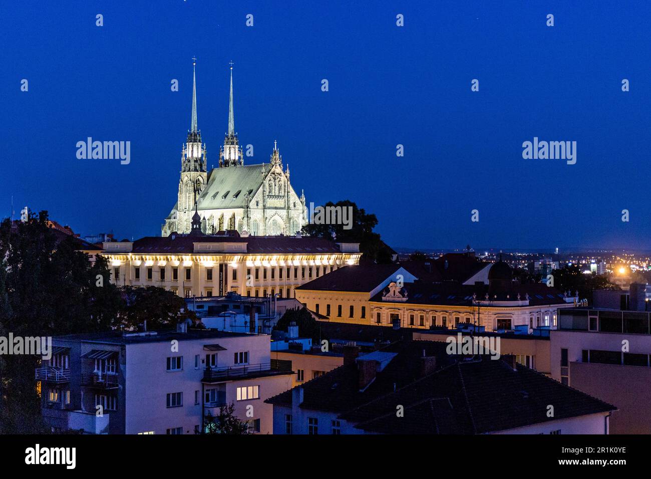 Night skyline of Brno city with the cathedral of St. Peter and Paul ...