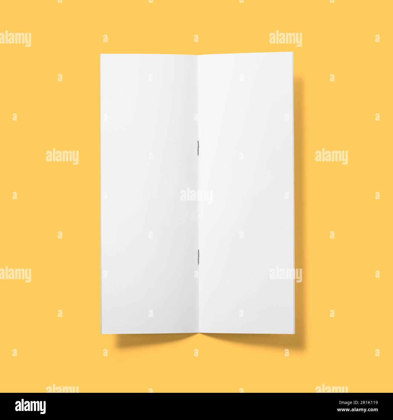 Top up view blank white brochure vertical upside down open isolated on ...