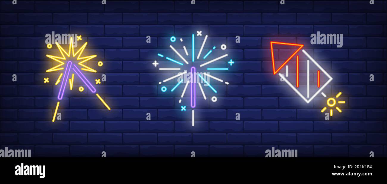 Sparklers and firework rocket neon signs set Stock Vector Image & Art ...