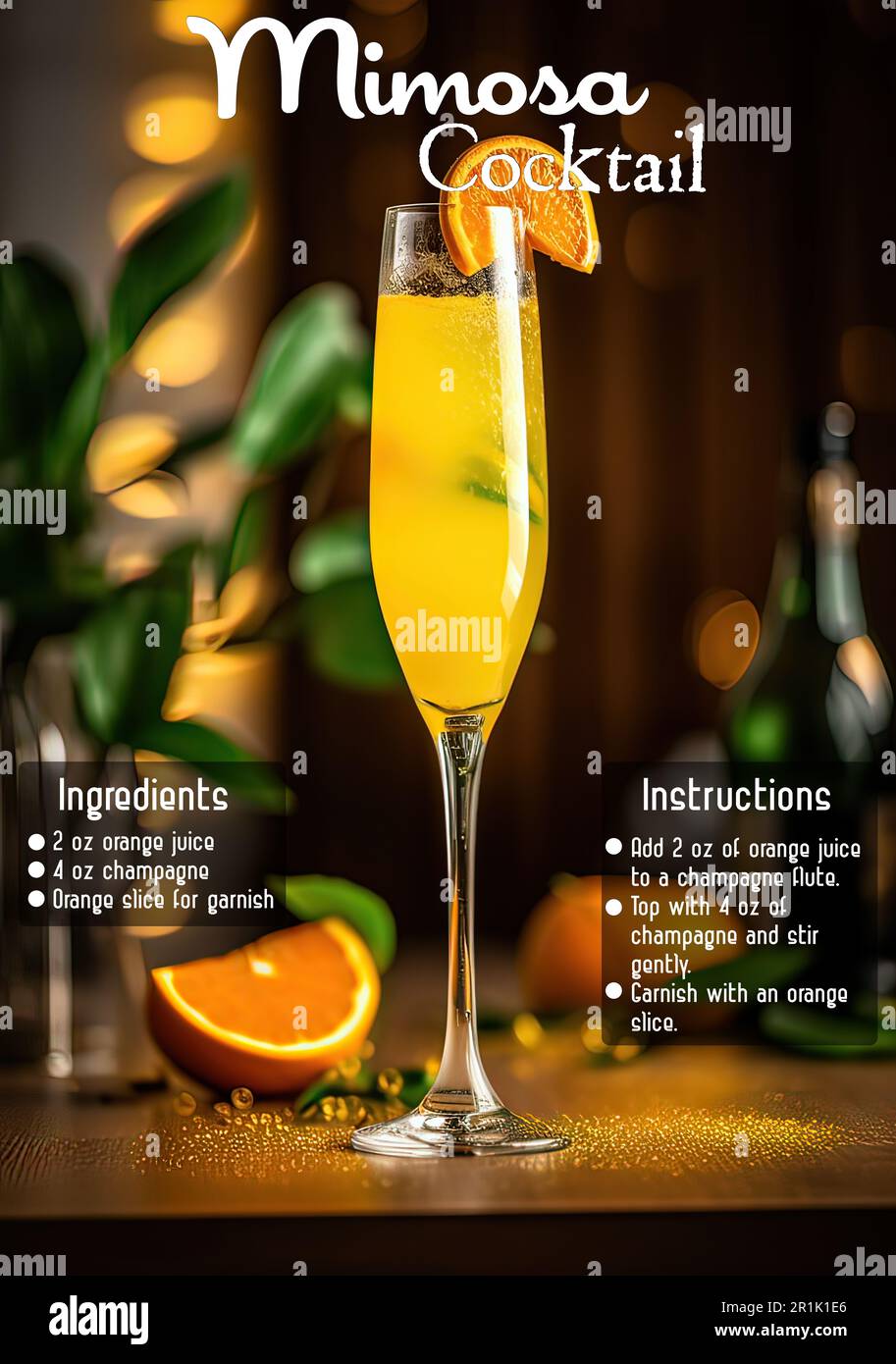 A vertical shot of a mimosa cocktail with its ingredients and ...