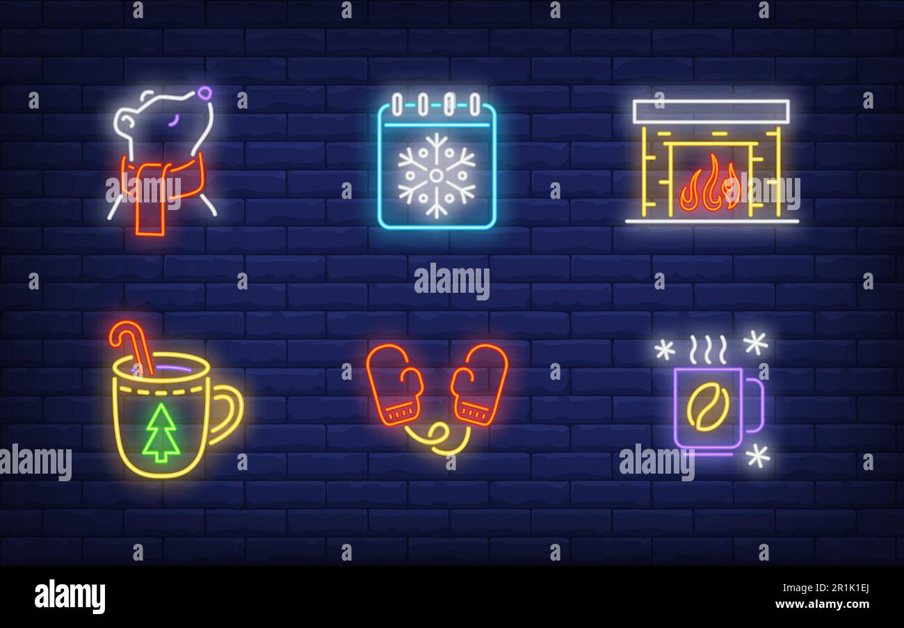 Winter time neon sign set with fireplace Stock Vector Image & Art - Alamy