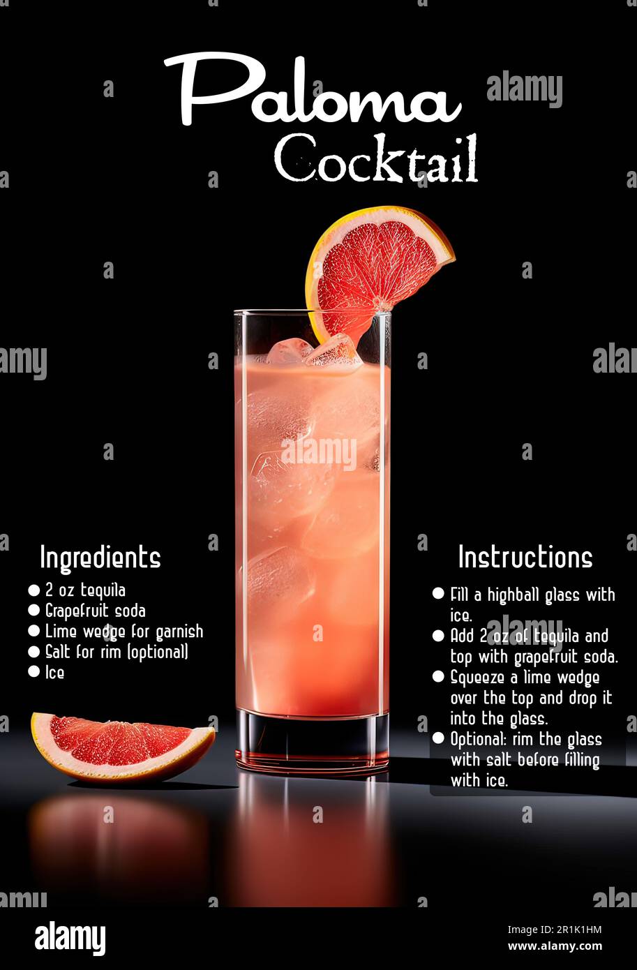 A vertical shot of a Paloma cocktail with its ingredients and ...