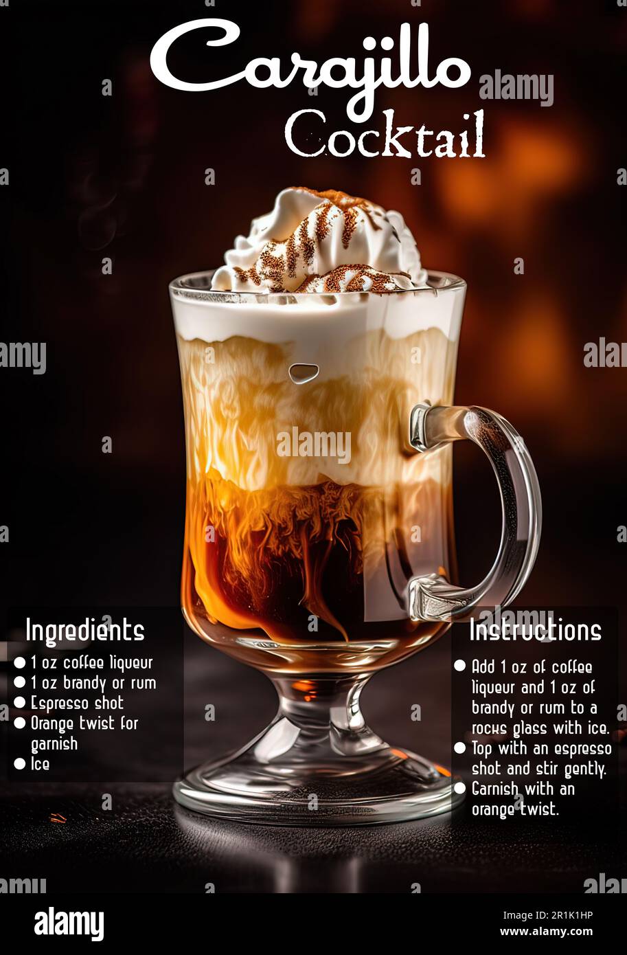 A vertical shot of a Carajillo cocktail with its ingredients and ...