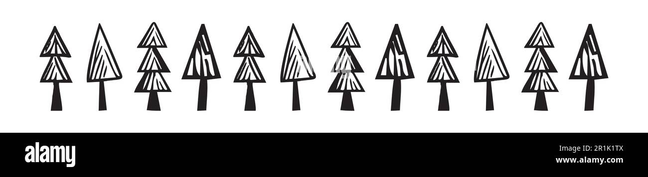 Quirky fir tree scandi linocut vector border. Washi tape design in ...