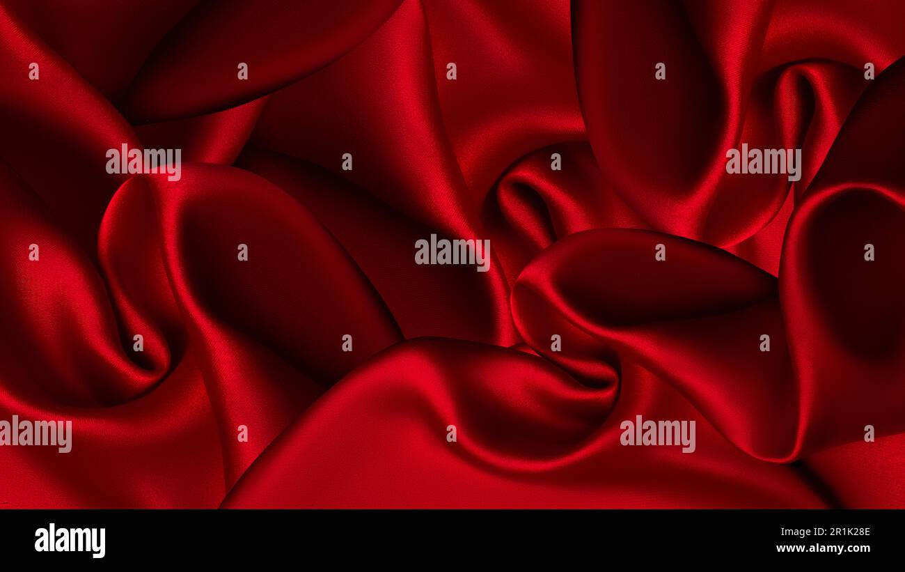 A luxurious red silk fabric with multiple layers of pleats and folds ...