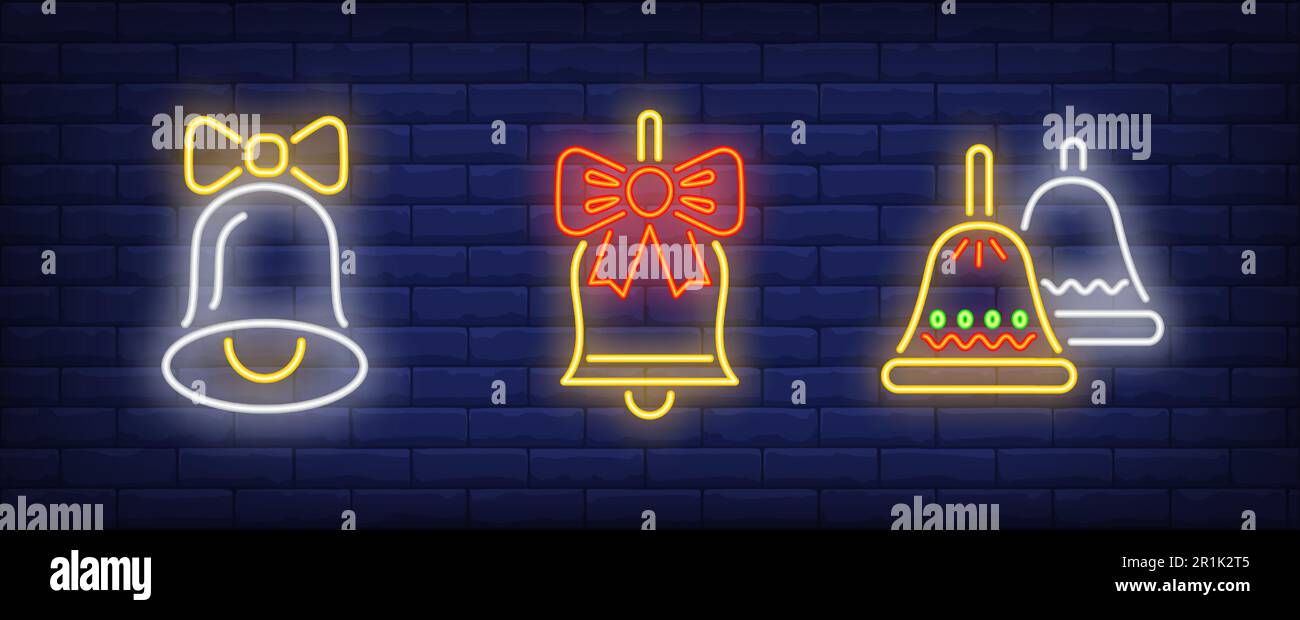 Bells with bows neon signs set Stock Vector Image & Art - Alamy
