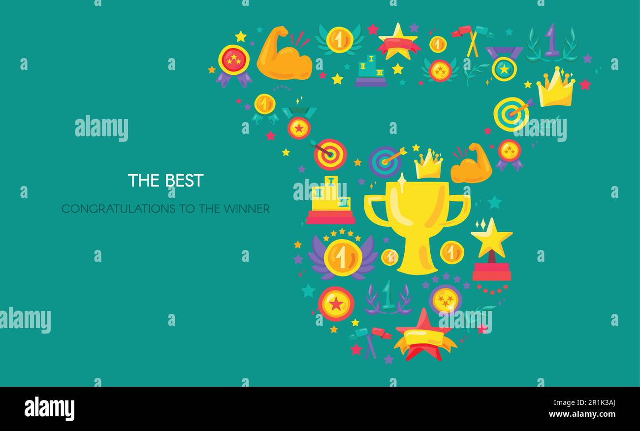 Victory, win vector flat banner. Medal shape with hand drawn sport ...