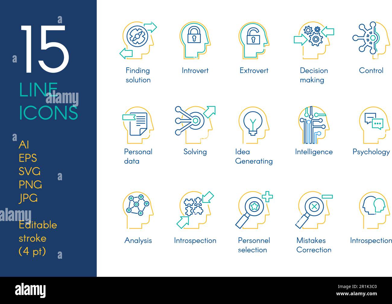 Mental activity color linear icons set. Analytical thinking blue and ...