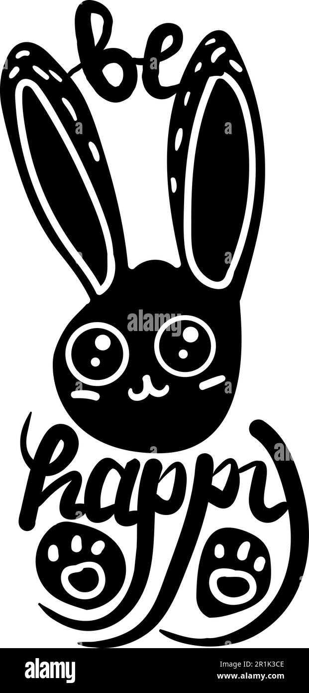 Kawaii rabbit hand drawn illustration. Be happy lettering. Bunny with ...