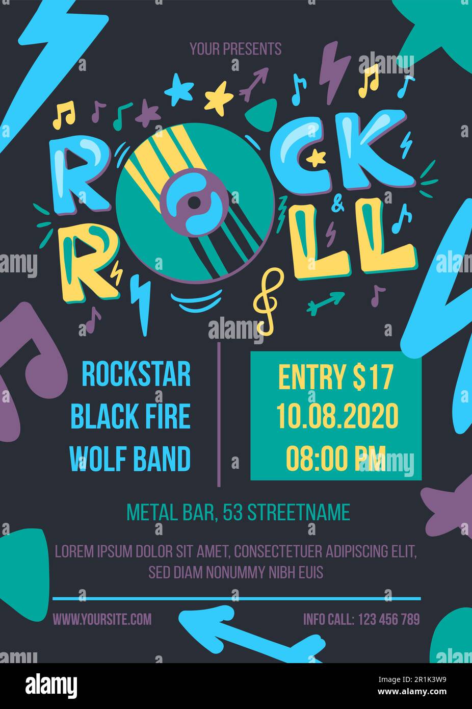 Rock and roll party vector poster template. Entertainment event web ...