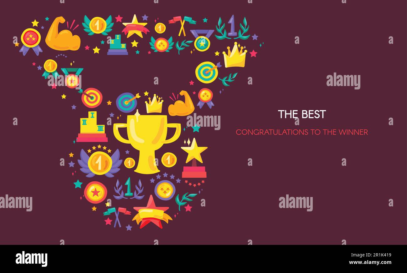 Victory, win vector flat banner. Medal shape with hand drawn sport ...