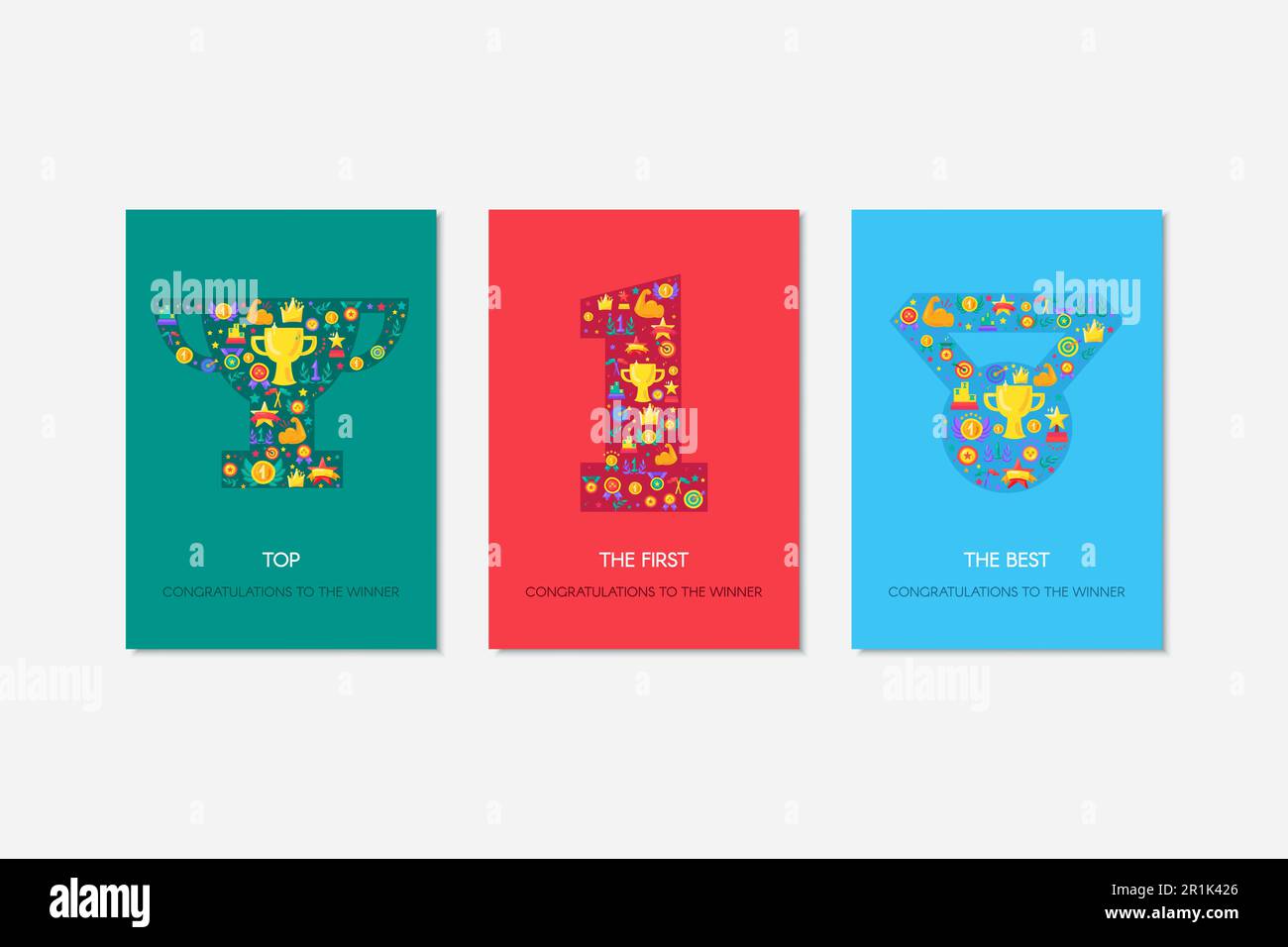 Sport achievement, success vector posters set. Colorful winner ...