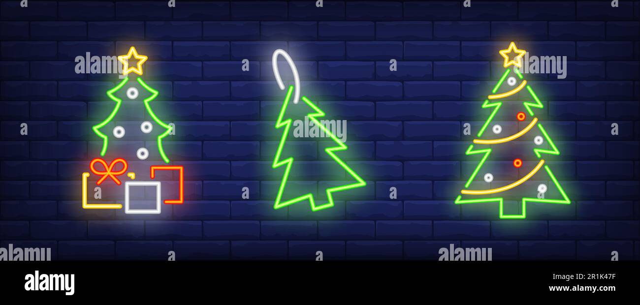 Fir-trees and gift boxes neon signs set Stock Vector Image & Art - Alamy