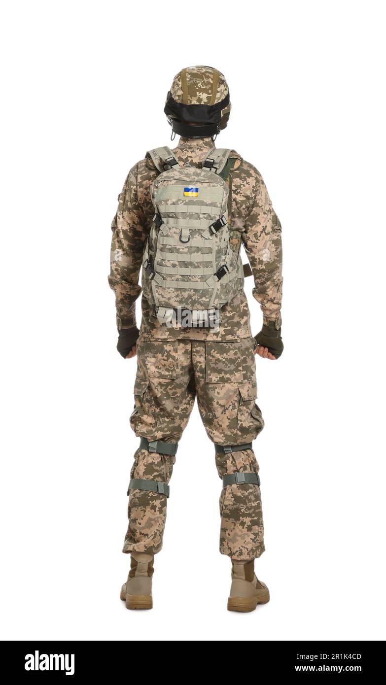 Soldier in Ukrainian military uniform with tactical goggles and ...