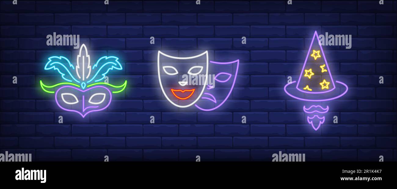 Masks, wizard hat and beard neon signs set Stock Vector Image & Art - Alamy