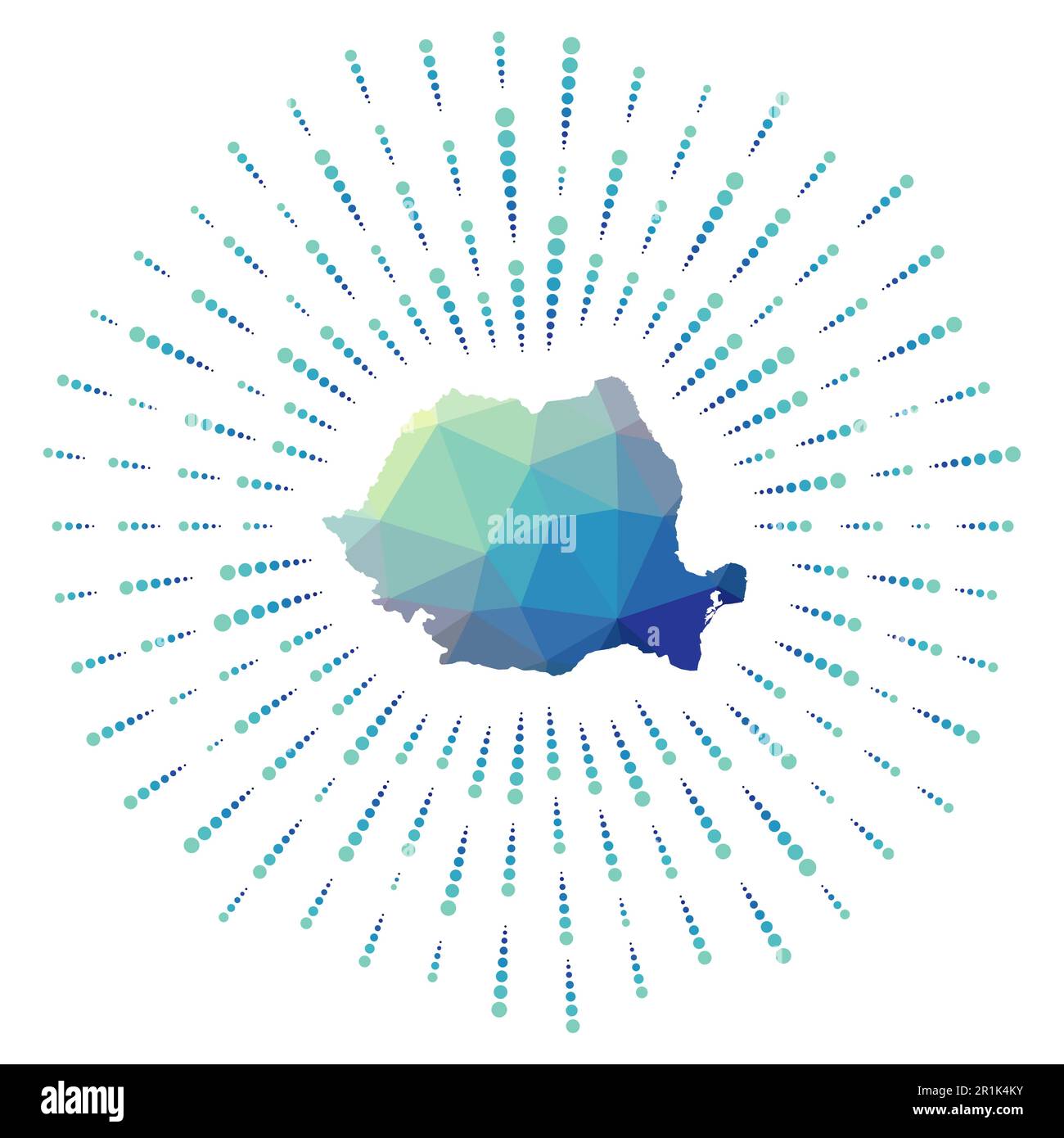 Shape of Romania, polygonal sunburst. Map of the country with colorful ...