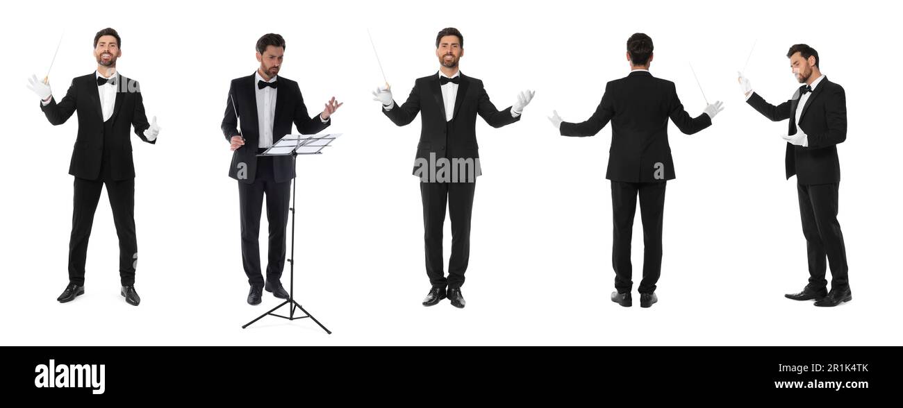 Collage with photos of professional young conductor with baton on white ...