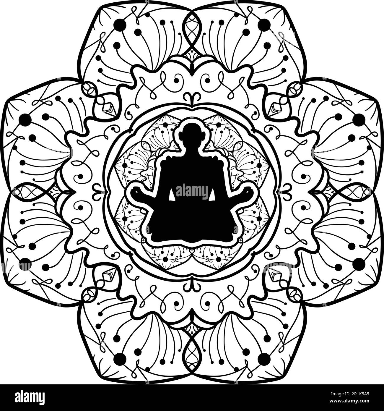 Yoga symbol, monochrome mandala art. Meditating character silhouette ...