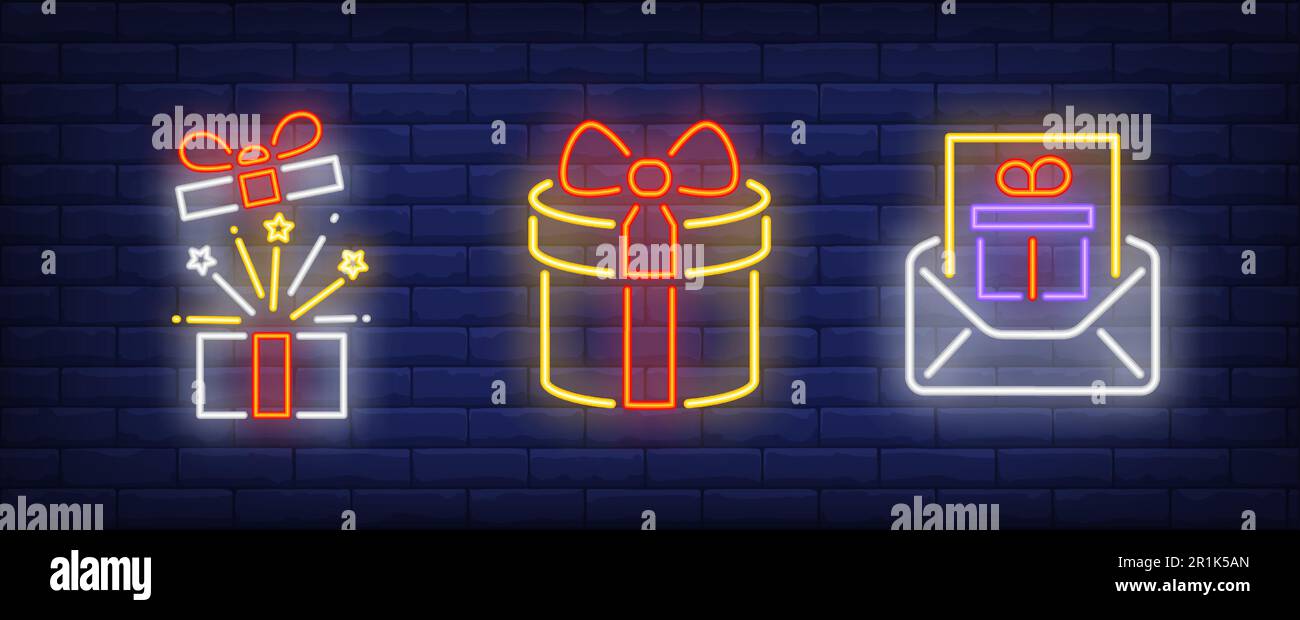 Gift boxes and greeting card in envelope neon signs set Stock Vector ...