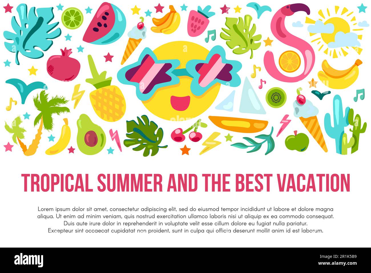 Summer vacation flat banner template. Tropical summer poster with text ...