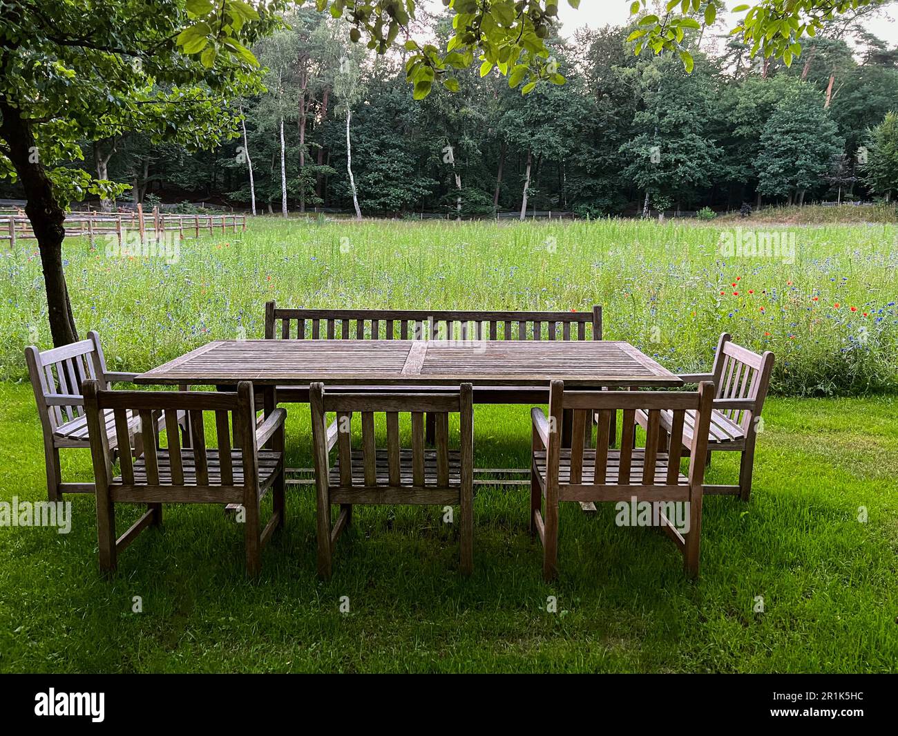 Wooden table with bench and chairs in garden. Landscape design Stock ...
