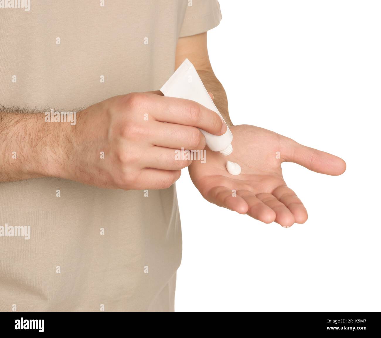Man applying cream onto hand against white background, closeup Stock ...