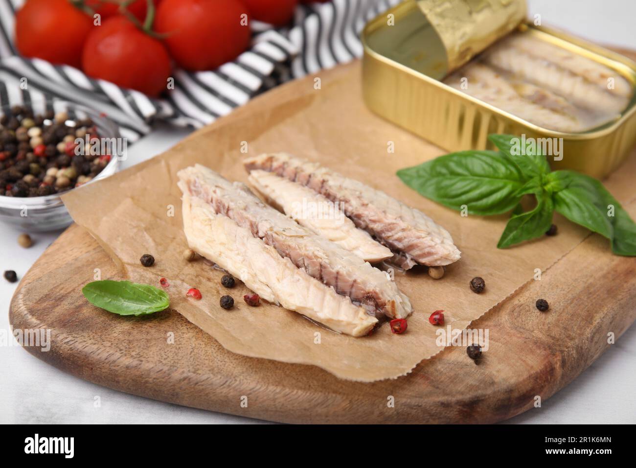 Canned mackerel fillets served on grey table, closeup Stock Photo - Alamy