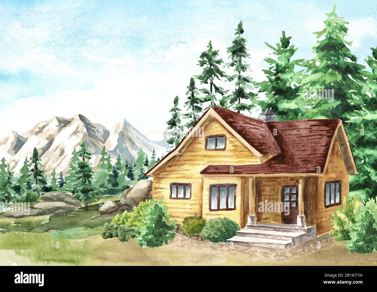 Cozy country cabin in the forest near the mountains. Hand drawn ...