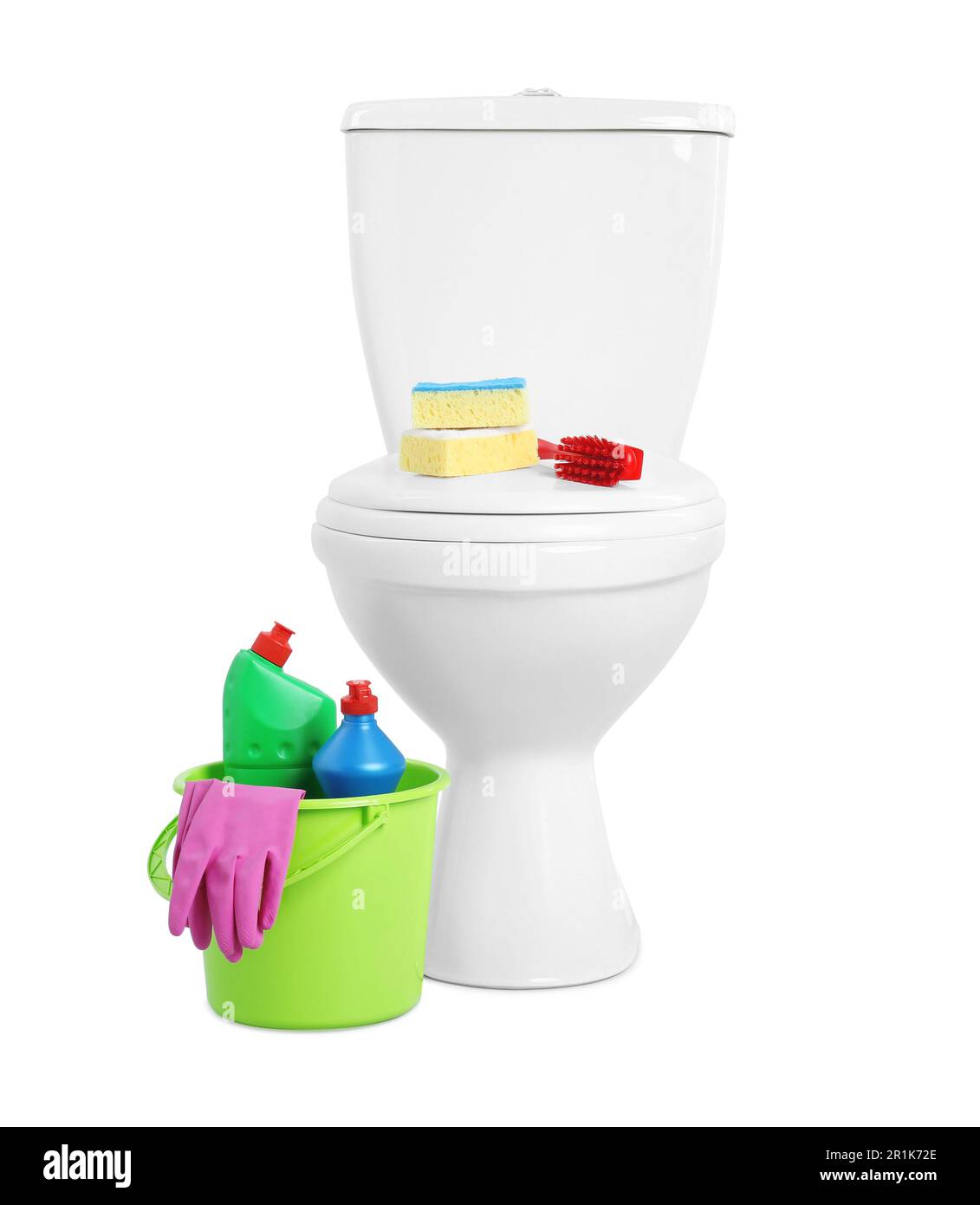 Toilet bowl and cleaning supplies on white background Stock Photo - Alamy