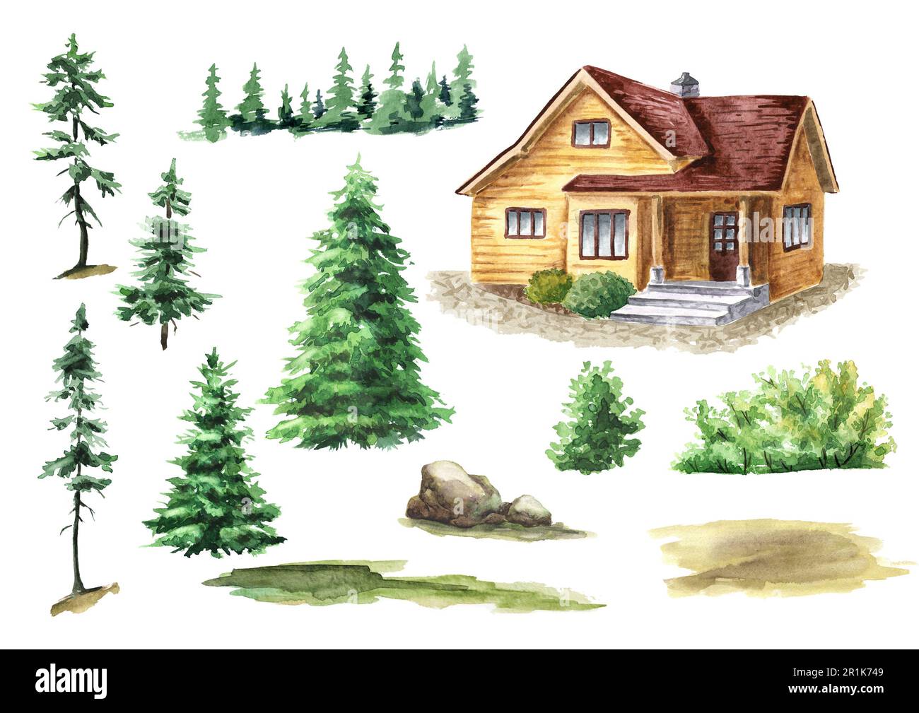 Cozy country cabin in the forest set. Hand drawn watercolor ...