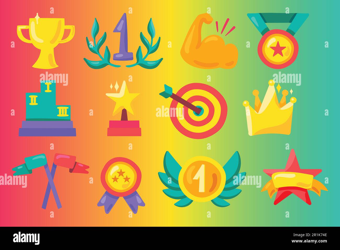 Awards flat illustrations set. Winner trophies color drawings. Prizes ...