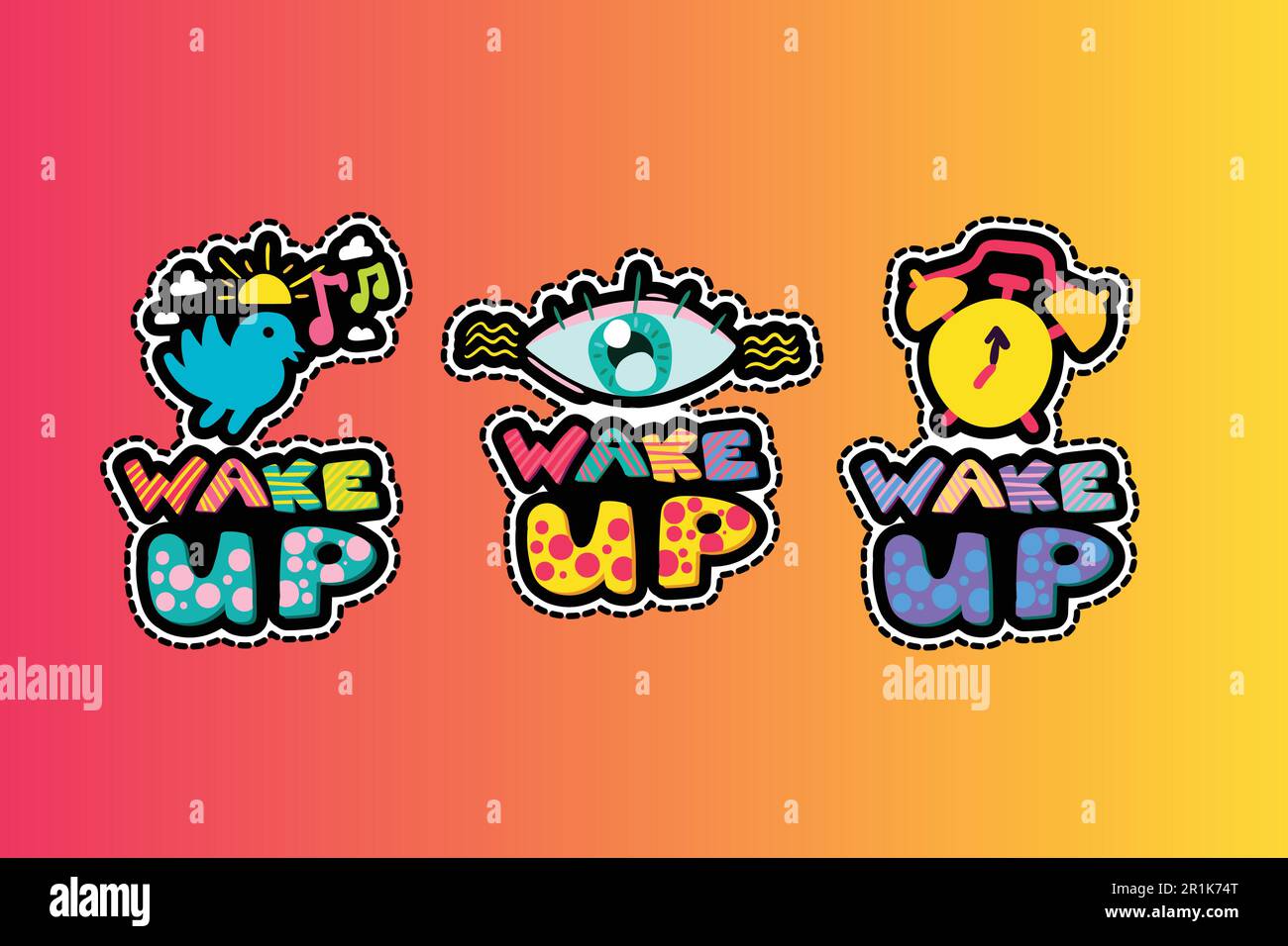Wake up lettering stitched frame illustrations set. Morning stickers ...