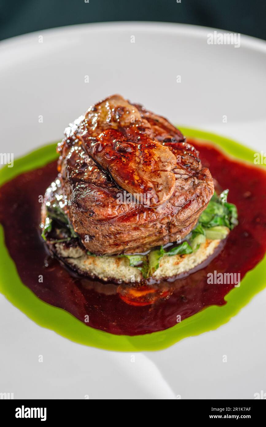 Tournedos Rossini. Foie gras, Black Angus beef tenderloin, with red ...