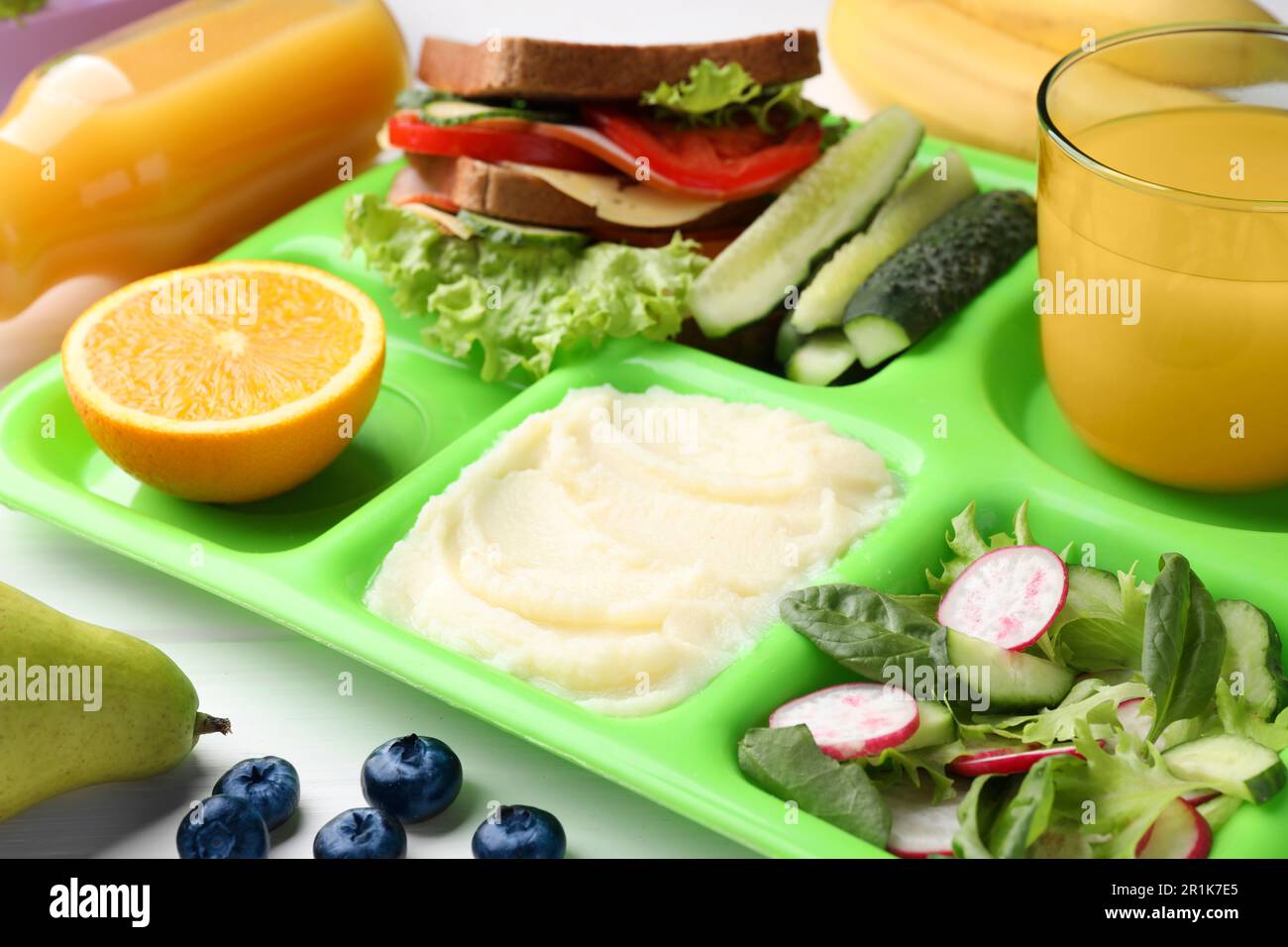 Serving tray of healthy food on table, closeup. School lunch Stock Photo - Alamy