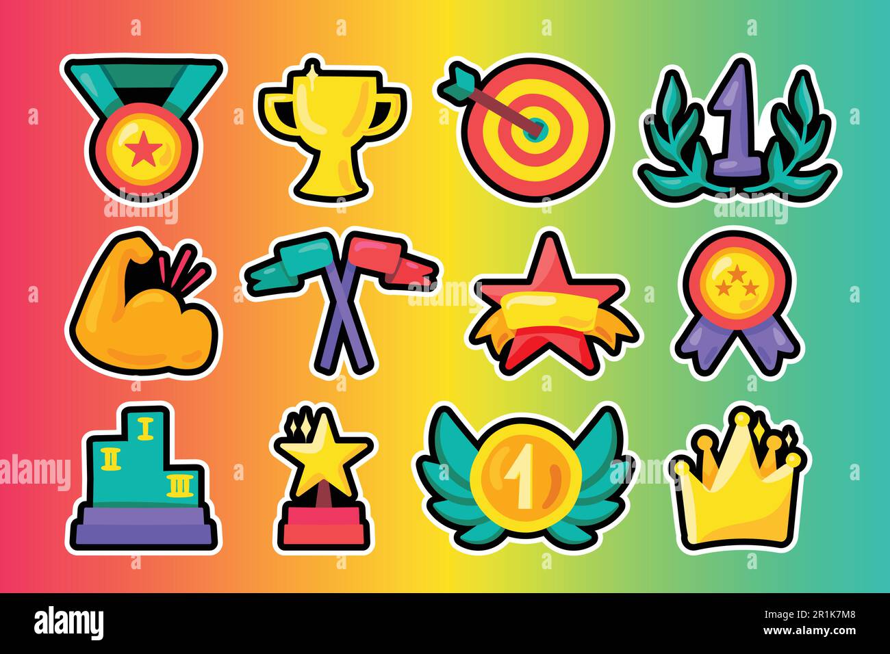 Awards flat illustrations set. Winner prizes, rewards color stickers ...