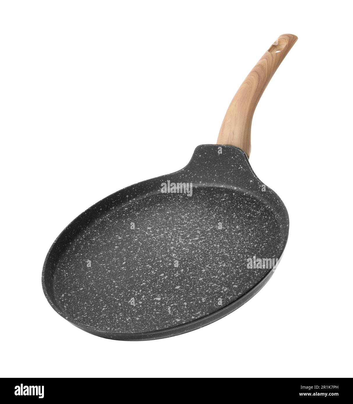 New pancake pan with wooden handle isolated on white background Stock ...