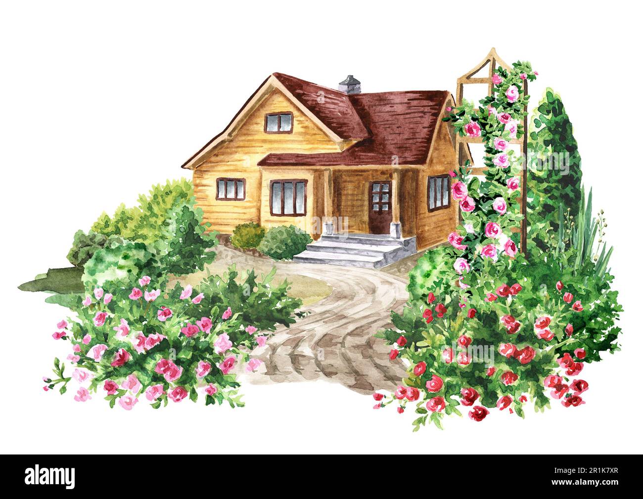 Cozy country cottage in the blooming garden . Hand drawn watercolor ...