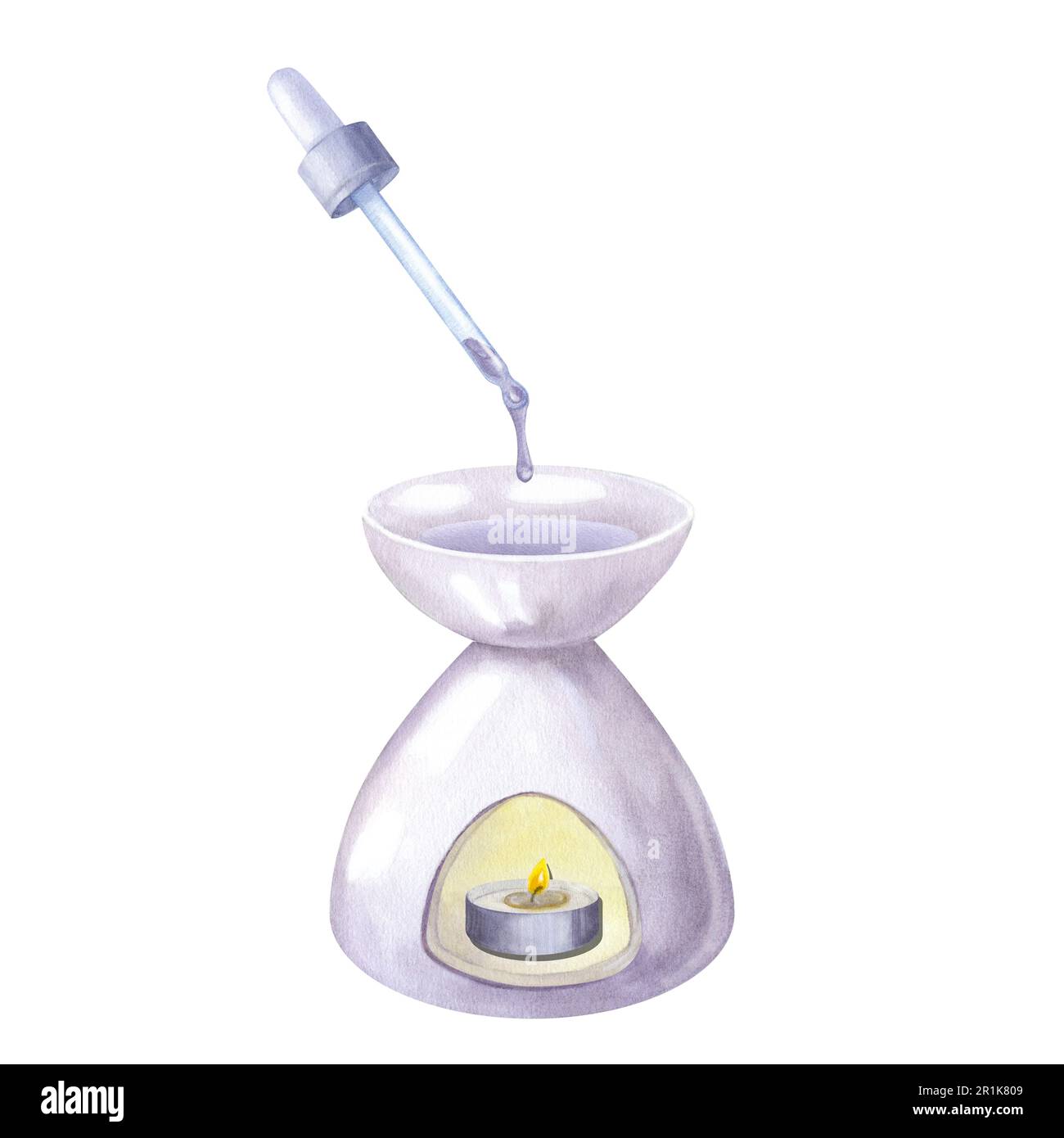 Ceramic aroma lamp with burning candle. Pipette with a drop lavender ...