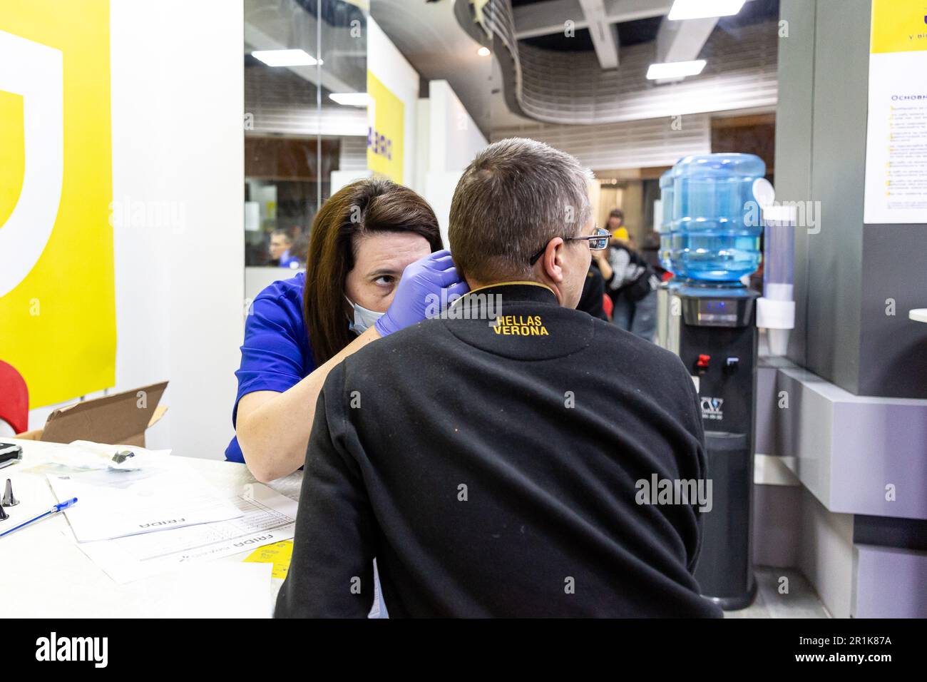 Kyiv, Ukraine. 14th May, 2023. A volunteer FRIDA Ukraine doctor talks ...