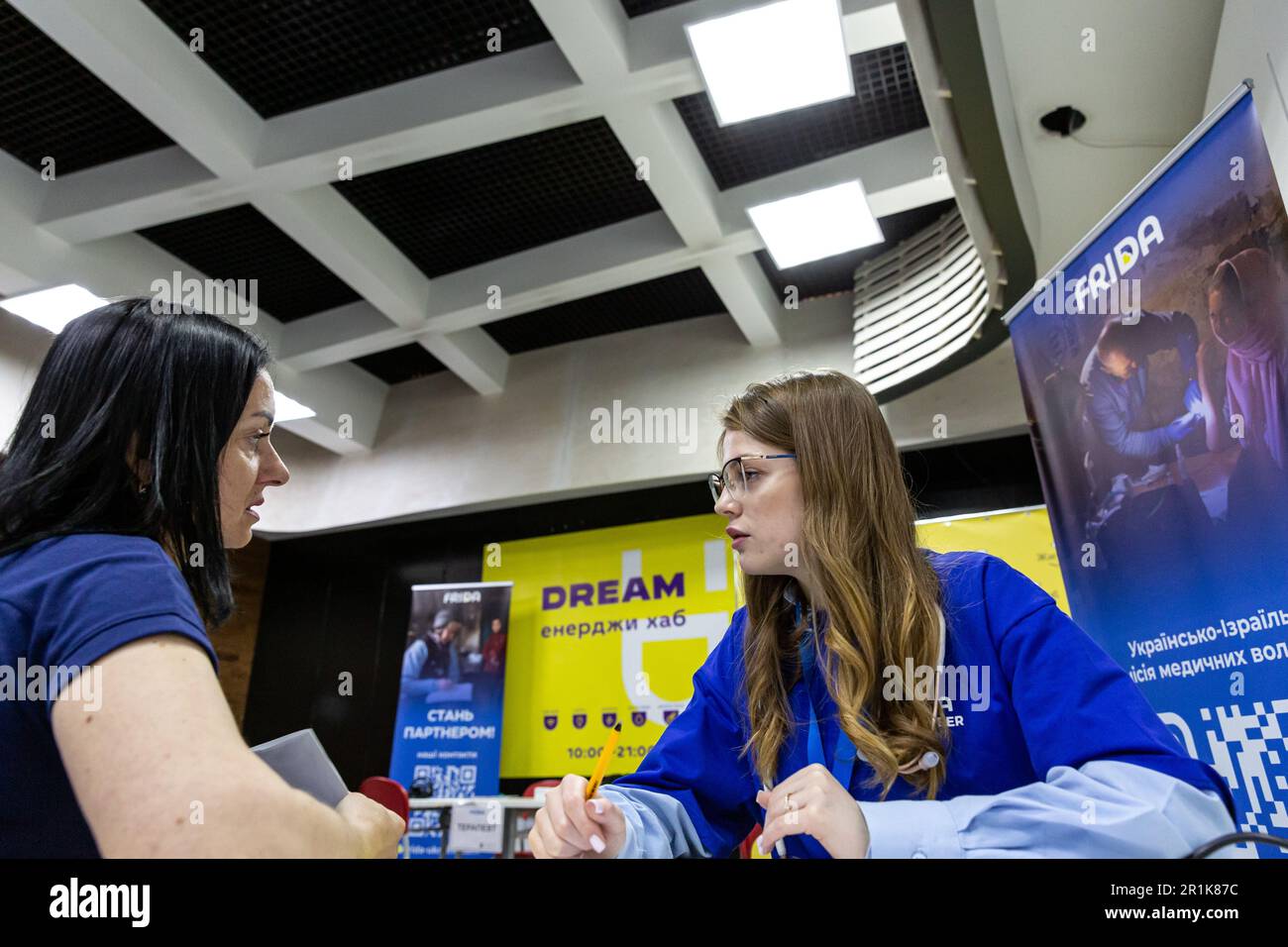 Kyiv, Ukraine. 14th May, 2023. Anastasiya Avonckyna, a volunteer FRIDA ...