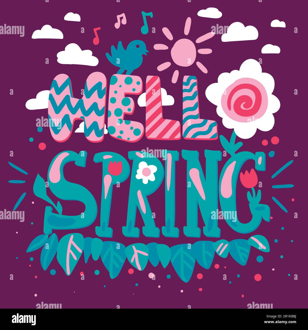 Hello spring quote hand drawn vector lettering. Greeting card, poster ...