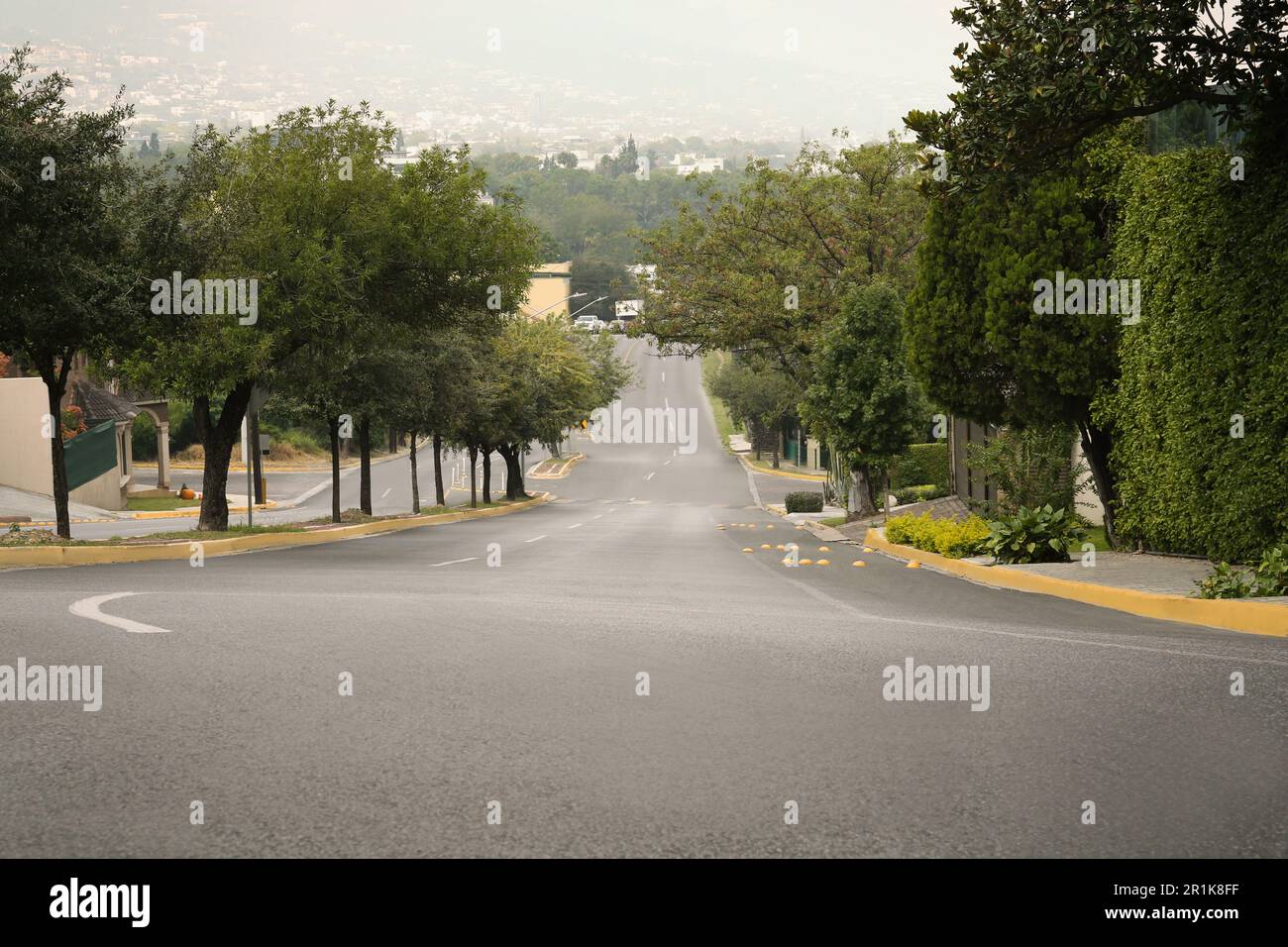Beautiful city street with wide asphalt road and green trees Stock ...