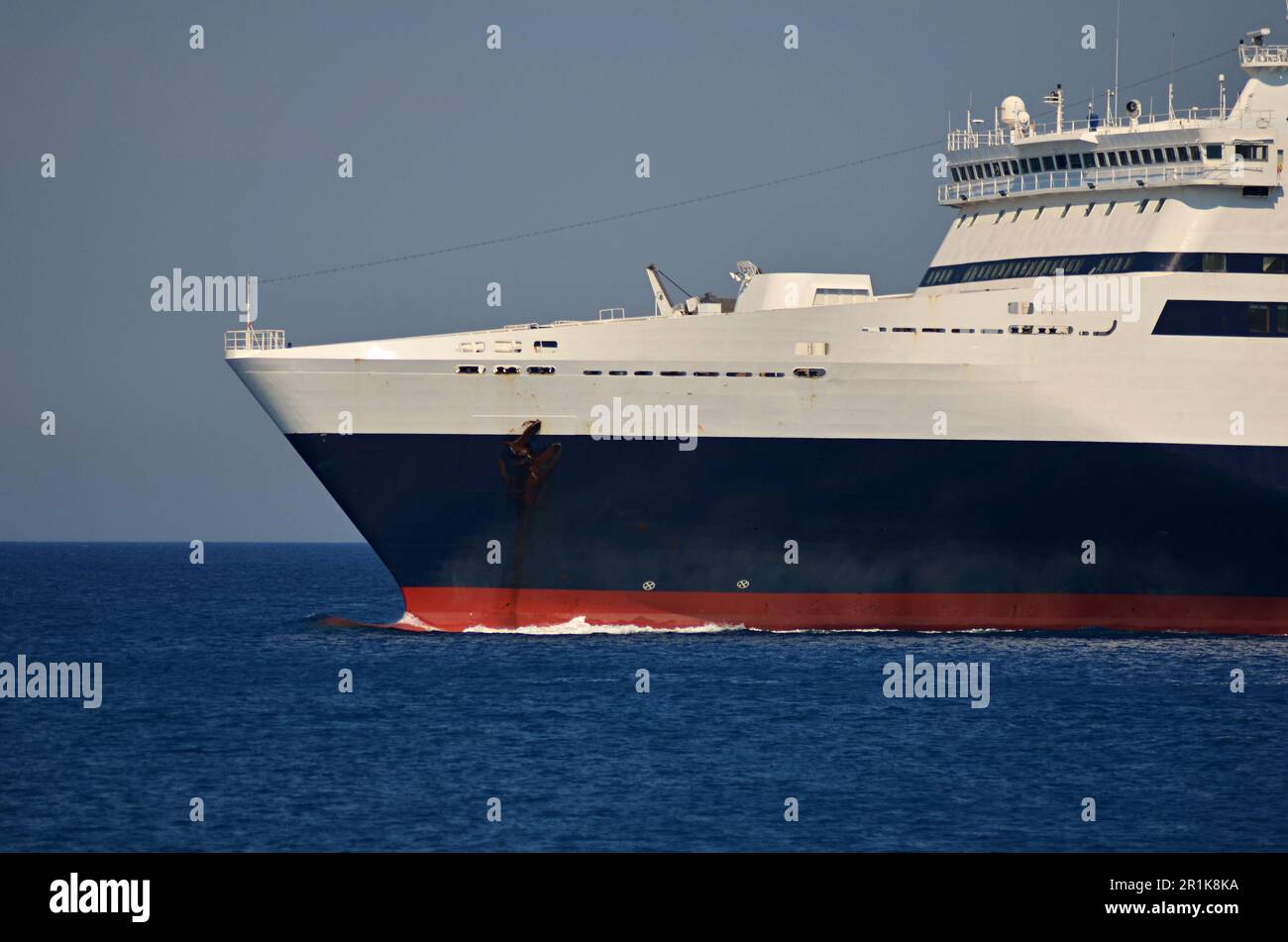 A close-up of the stern of a ship sailing on the sea. You can see the ...