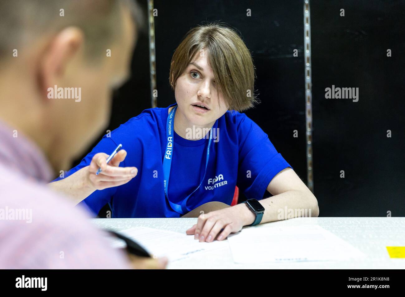 Kyiv, Ukraine. 14th May, 2023. Olena Mazuryencka, a volunteer FRIDA ...