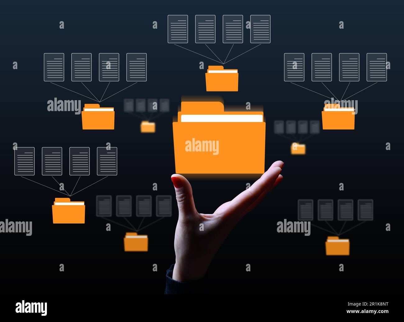 A female hand and virtual icons of folders and files, a concept of data ...