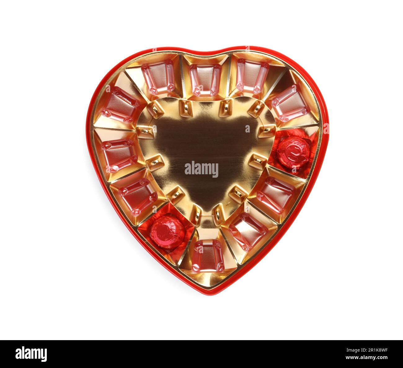 Partially empty box of chocolate candies isolated on white, top view ...