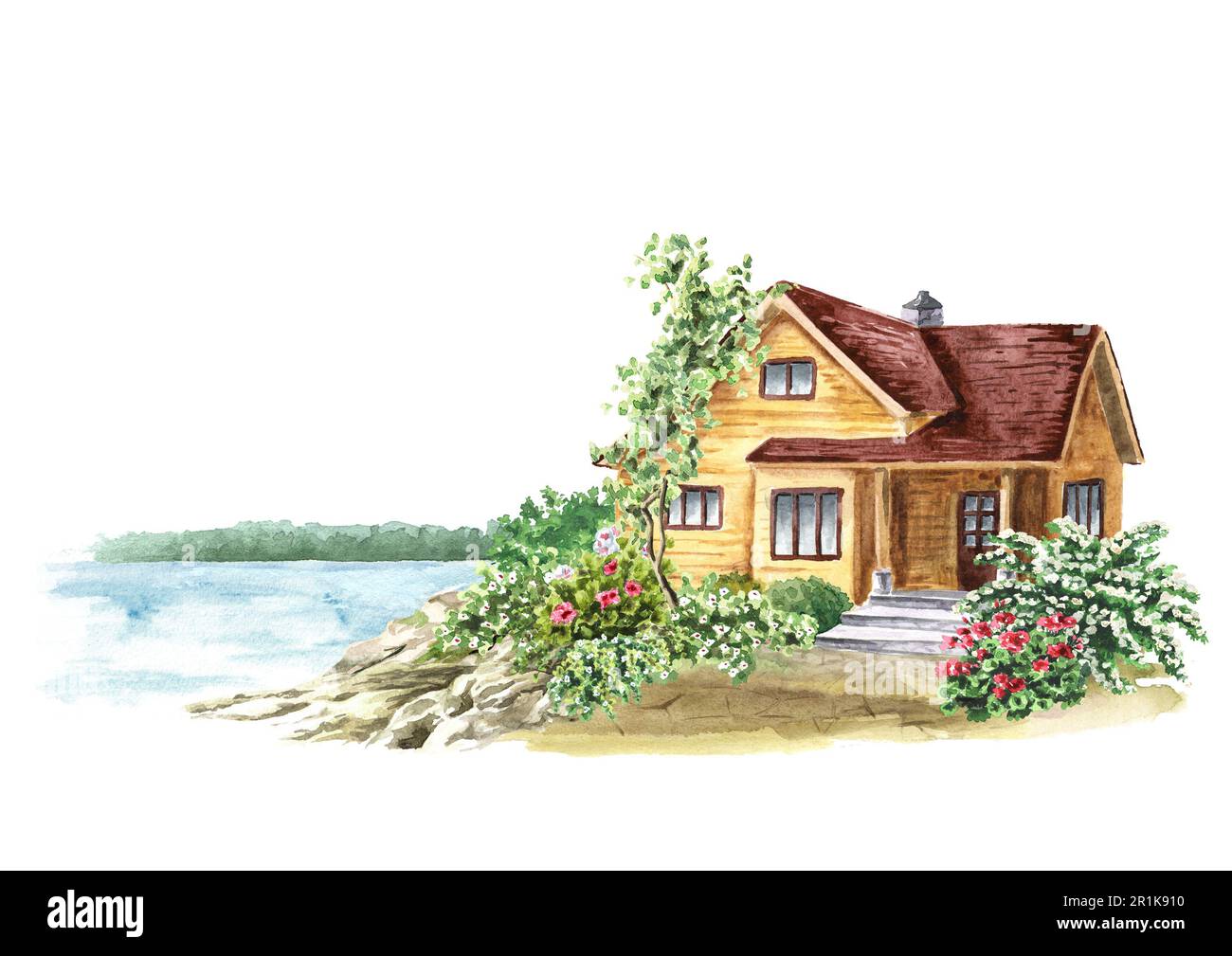 Cozy country cottage in the garden on the river bank,. Hand drawn ...