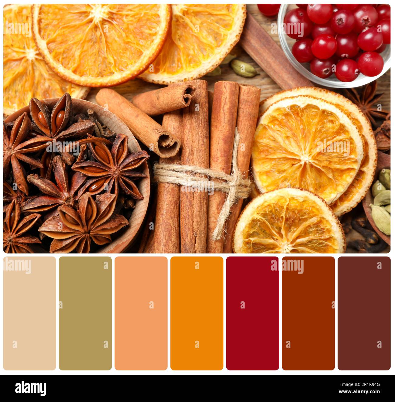 Flat lay composition with mulled wine ingredients on wooden table and ...